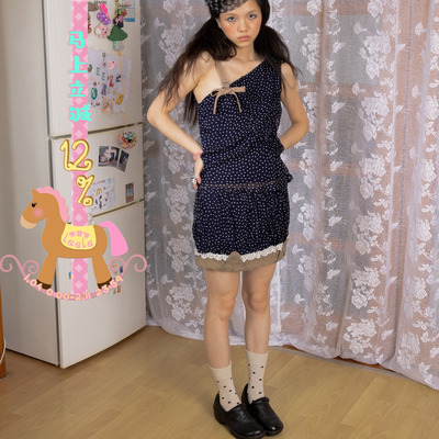 leele Retirement Paradise斜肩工装水洗波点绉纱无袖裙套装