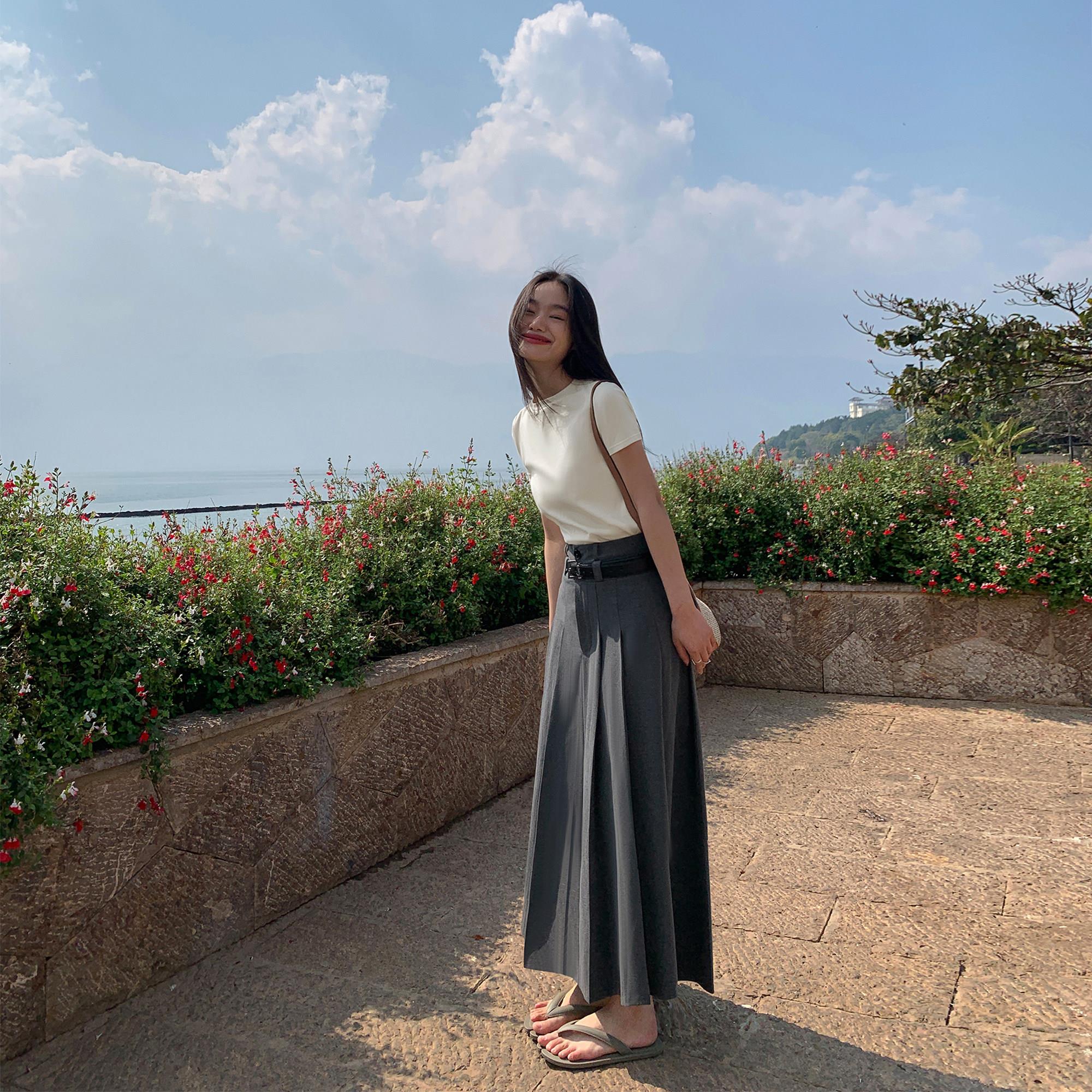 pusumede 黑色a字半身裙女夏2025设计感百褶裙气质显瘦西装裙长裙