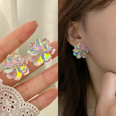 山茶花耳钉炫彩树脂花朵耳环女