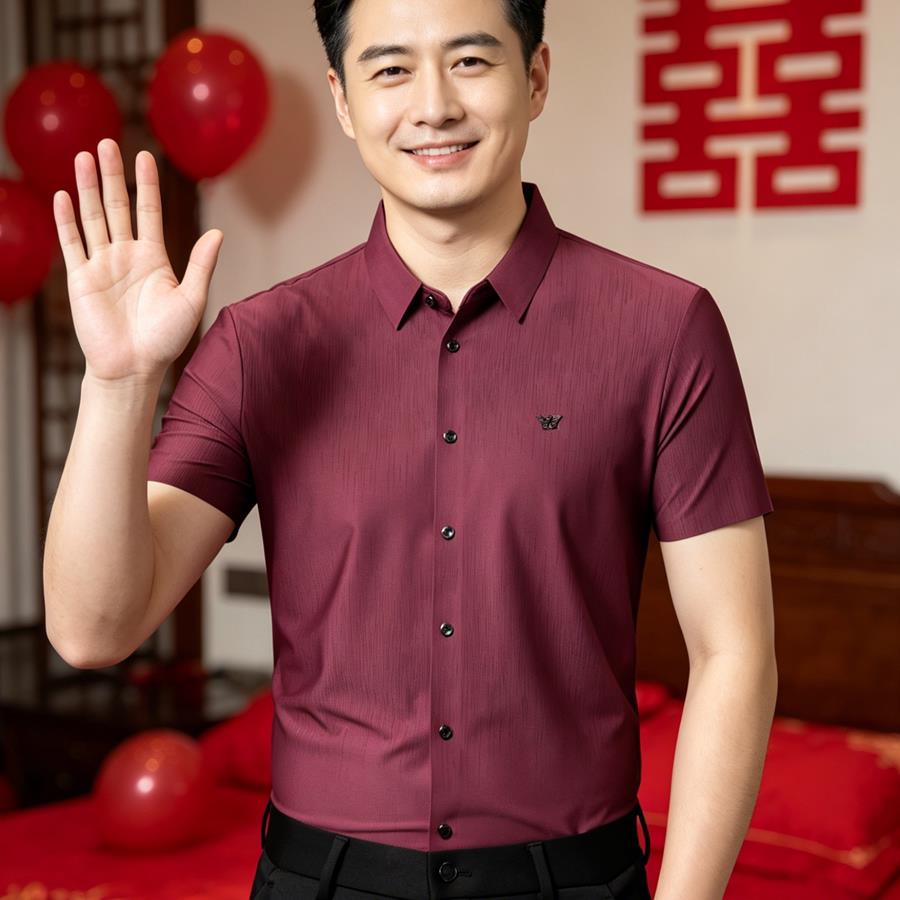 男士翻领短袖冰丝衬衫夏季薄款商务休闲中年喜爸爸婚宴装透气衬衫