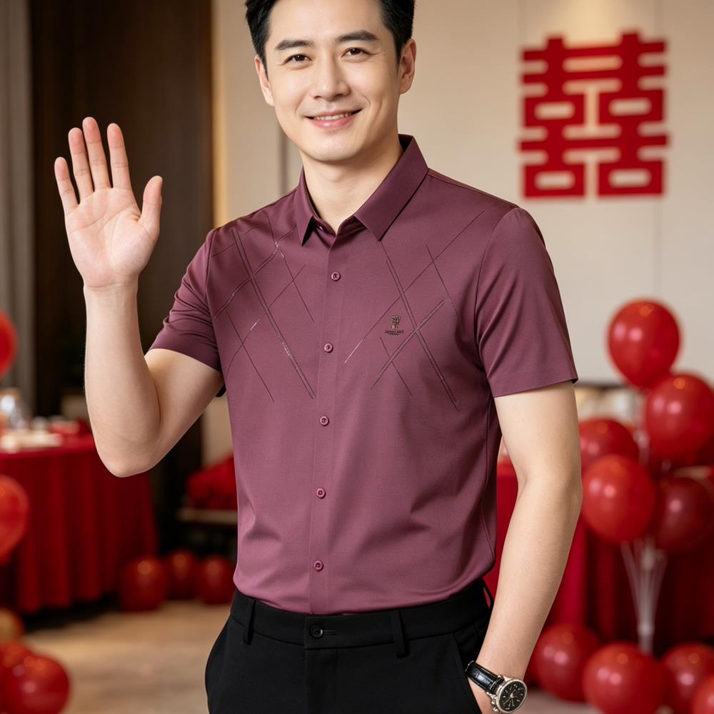 2026新款夏季短袖爸爸喜服婚宴装平时可穿喜公公高端冰丝条纹衬衫