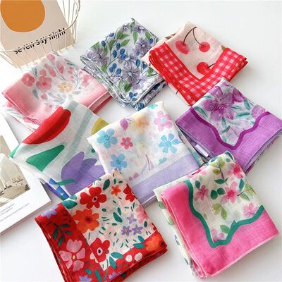 Floral Print Neckerchief Women Korean Cotton Linen Square Sc