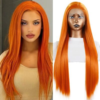 Orange Wig Long Straight Synthetic Lace Front Wig Glueless W
