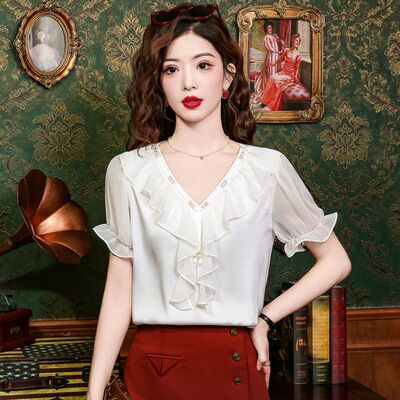 荷叶边甜系雪纺白衬衫女2