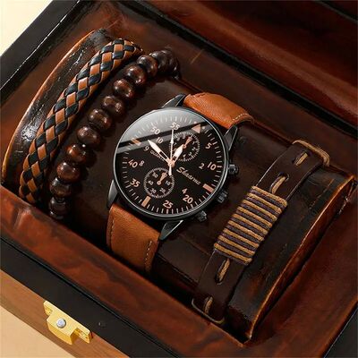 New Men Watch Luxury Bracelet Set Fashion Business Brown Lea