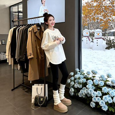 白色宽松内搭打底衫女搭配鲨鱼裤的中长款长袖t恤上衣遮屁股洋气