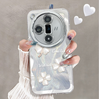 自带镜头膜适用于OPPOFINDx7Ultra手机壳银四叶草高级感水钻精孔FINDX6PRO外硅胶全包防摔oppofindx5套新款女