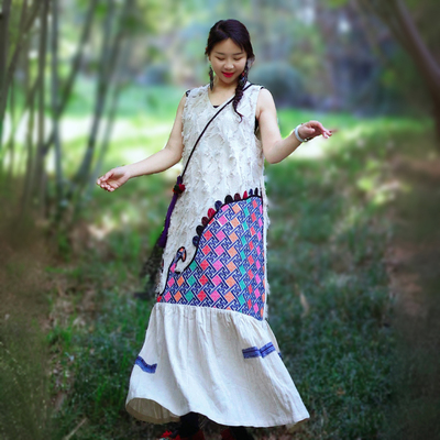 原创设计民族风绣花无袖连衣裙女土布棉麻马甲长裙度假休闲文艺范