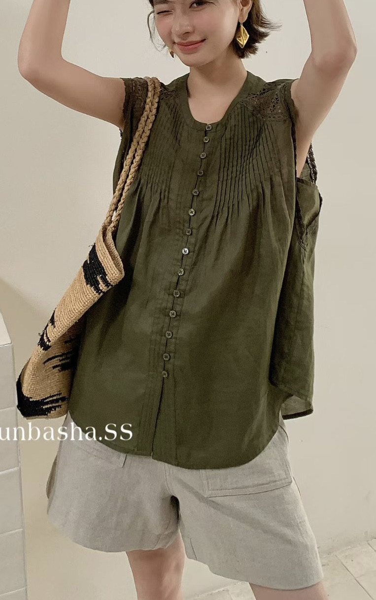 韵芭莎8281宽松贮麻压褶纽扣蕾丝圆领无袖衬衫女款2026新款上衣