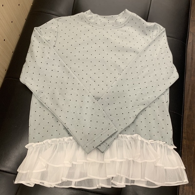 女童波点网纱拼接长袖T恤春秋款韩版女孩打底衫荷叶边蛋糕裙上衣
