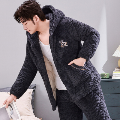 秋冬季男士睡衣三层夹棉珊瑚绒冬款加厚加绒保暖法兰绒家居服套装