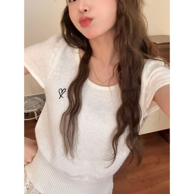 广州十三行女装高端欧货爱心刺绣短袖针织衫薄荷曼波绿色上衣春夏