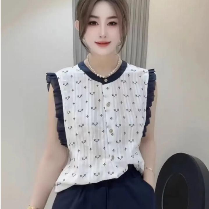 韩系高级感纯棉圆领木耳边无袖衬衫女夏季甜美减龄设计感背心上衣