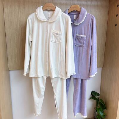 安杜拉 秋季新品女士长袖澳毛绒翻领开扣柔软睡衣家居服套装43015