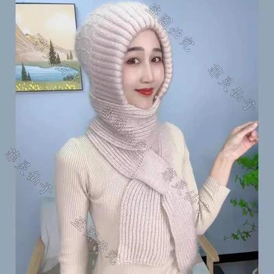 2024秋冬新款松鼠绒双层针织围脖一体帽女加厚防寒保暖护颈风雪帽
