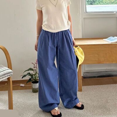 韩系复古条纹休闲裤女夏薄款
