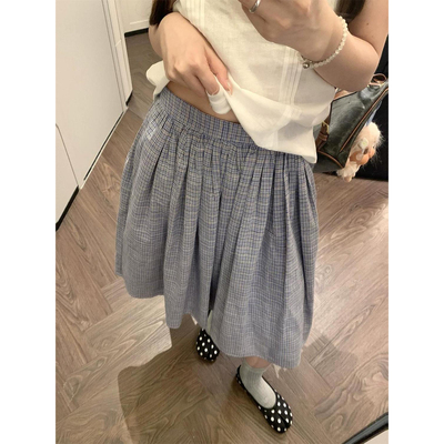 Bonheur韩系复古细格纹半身裙女夏薄款经典蓝色甜美学院风中裙
