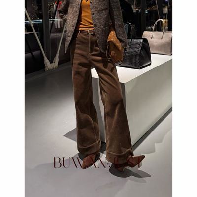 BUWANJUST高定微弹高包容度竖坑条显瘦保暖加绒直筒微喇裤B2336