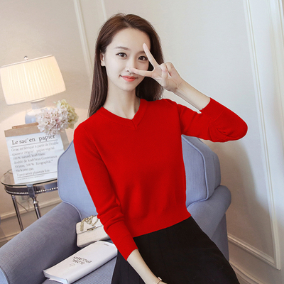 短款羊绒衫修身纯色高腰v领毛衣