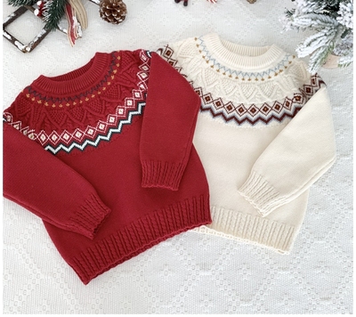 Passy'sChoice圣诞男女儿童装宝宝费尔岛全棉纱粗针提花白红毛衣