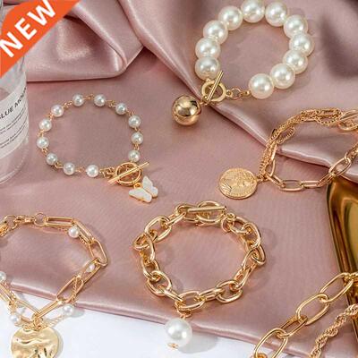 Punk 2022 Gold Color Charm Chain Bracelets For Women Pearl C