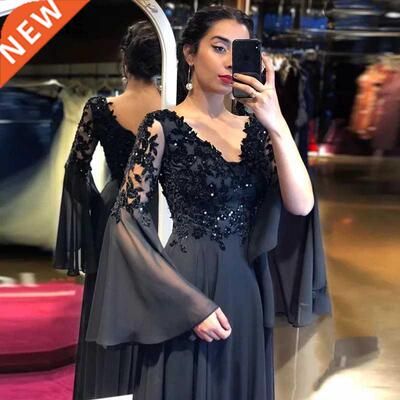Elegant Black Evenng Dresses 2021 Flare Long Sleeve V-Neck