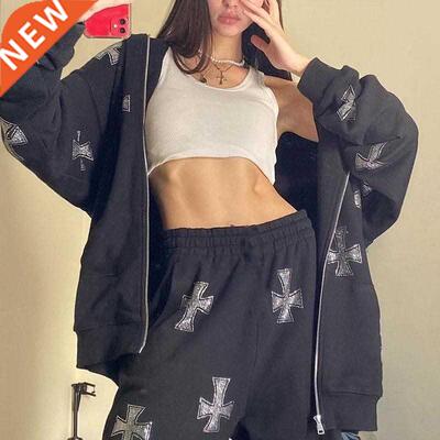 Y2K Fashion Rhinestone Hoodies Women Hip Hop Joggers Sweatsh