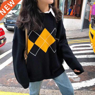 Korean College Style Autumn Winter Geometric Pattern Argyle