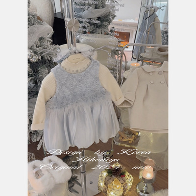 Spring韩国童装2024冬季新款甜美重工蓝色羽毛无袖纱裙韩版宝宝款