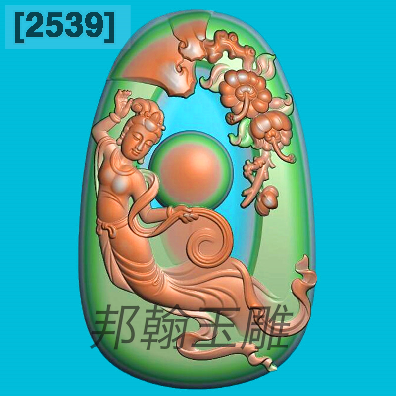 2539飞天仕女美女仙女精雕图玉雕嫦娥花开富贵浮雕图电脑雕刻灰度