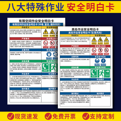 八大特殊作业安全明白卡标识PVC