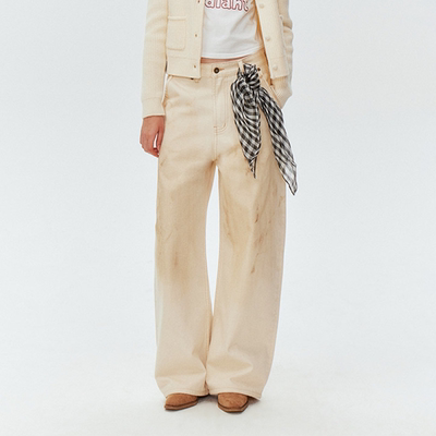 Ahhh磨白脏点高腰直筒阔腿牛仔裤