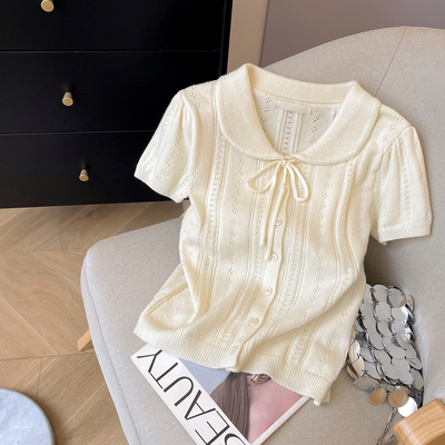 针织开衫娃娃领泡泡短袖镂空上衣