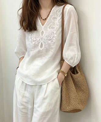 88202欧货夏季新品V领胸前刺绣宽松大版七分袖苎麻上衣衬衫