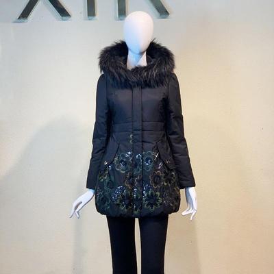 保暖连帽貉子毛领修身驼绒棉衣