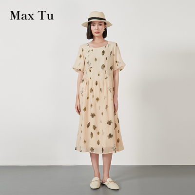 MaxTu女装夏印花天丝短袖连衣裙