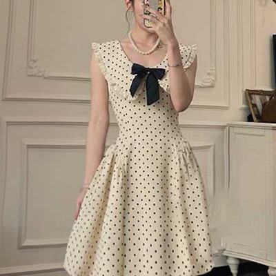 绝美蝴蝶结气质波点显瘦法式韩版小众收腰捏褶长款连衣裙D0773