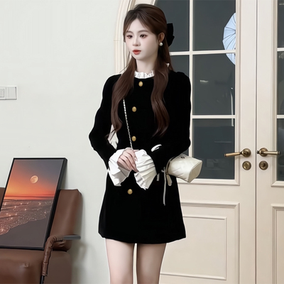 纯欲风甜美短裙春季新款收腰显瘦设计感撞色拼接黑色连衣裙2353