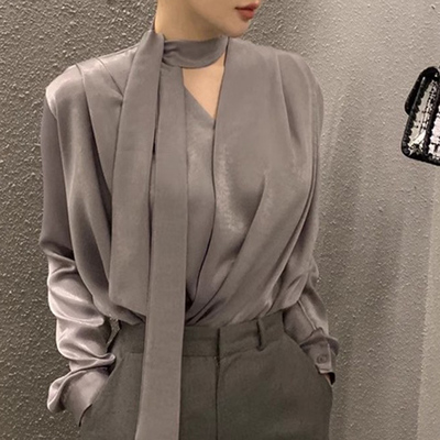 高级感轻奢衬衫女春御姐飘带V领衬衣法式绝美漂亮上衣D0376