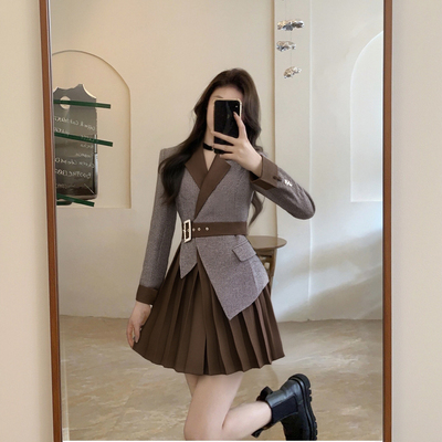 有里布送腰带撞色西装领裙子2026秋季新款不规则长袖连衣裙JT0039