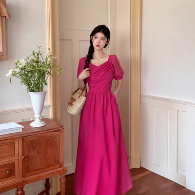 法式方领系带收腰连衣裙女夏a字蝴蝶结泡泡袖气质显瘦长裙D1396A