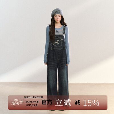 蝴蝶结烫钻大口袋背带裤
