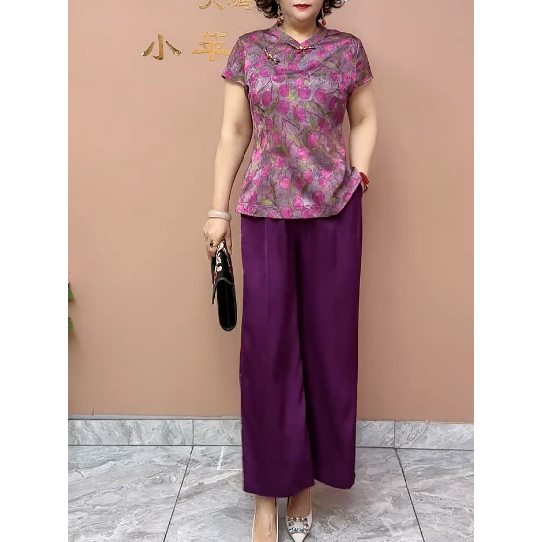 时尚复古中国风盘扣印花缎面短袖两件套女新款轻薄透气中老年女装