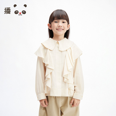 播 broadcute童装女童衬衫长袖纯棉宽松淑女荷叶边衬衣上衣春夏季