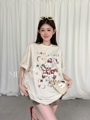 ME KAKAMEE夏新品卡通旋转木马彩喷水洗炒纱宽松大版短袖T恤S5202