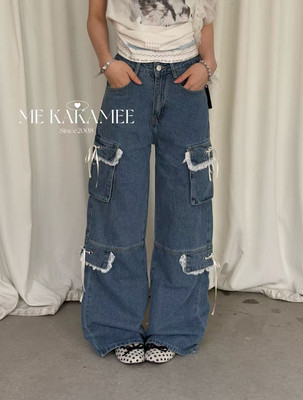 ME KAKAMEE春新品拼接蕾丝工装口袋设计感冼水牛仔裤长裤女5536