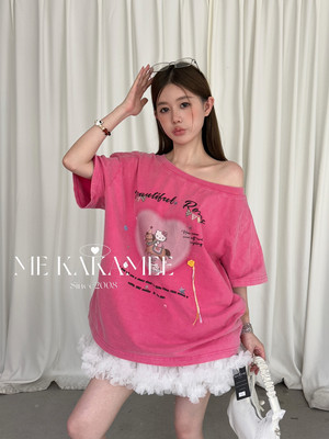 ME KAKAMEE甜酷爱心木马立体KT水洗炒纱斜肩宽松大版短袖T恤S3983