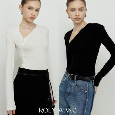 长袖纯棉弹力修身不对称领T恤