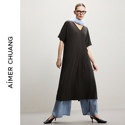 AIMER CHUANG26春夏女空气冰奶皮圆领短袖两面穿连衣裙CA442261
