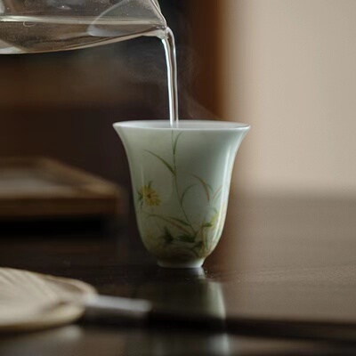 明知山志雏菊品茗杯茶杯高端主人杯家用手绘泡茶白瓷茶杯色釉